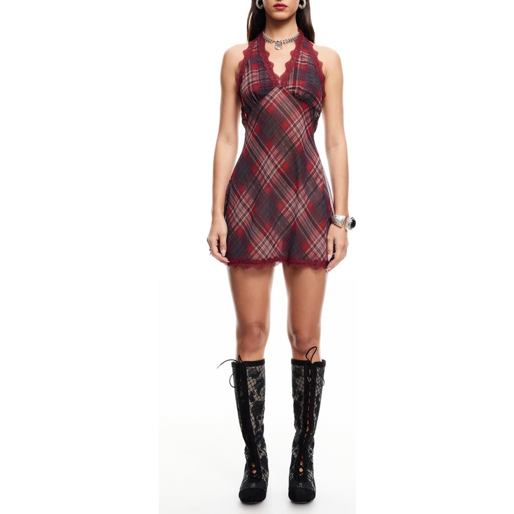 LIONESS - Stars Align Plaid Lace Trim Halter Minidress