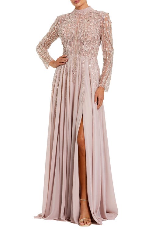 Mac Duggal - Long Sleeve High Neck Embellished Satin Gown