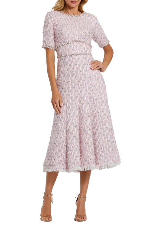 Mac Duggal - Short Sleeve Beaded Trim Boucle Midi Dress