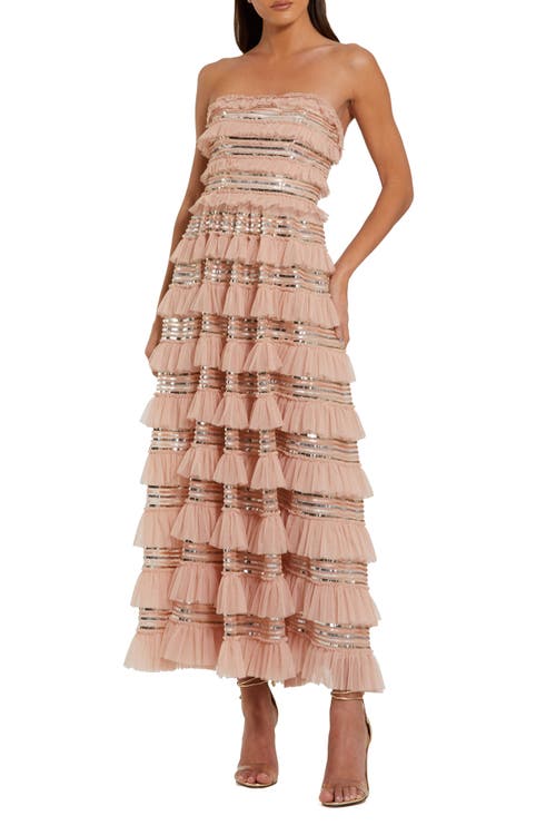 Mac Duggal - Strapless Sequin Micro Ruffle Maxi Dress
