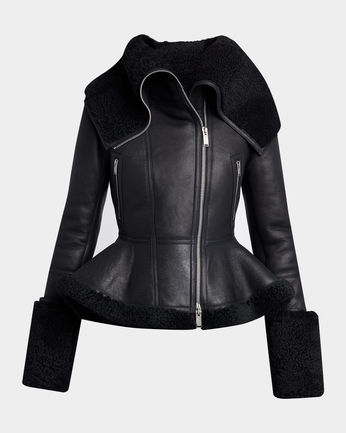 McQueen - Funnel-Neck Lamb Shearling Peplum Aviator Jacket