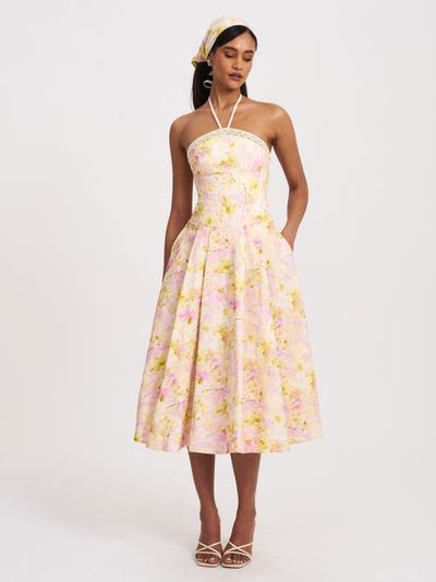 Miss Circle - Zaina Floral Print Lace Trim Linen Midi Dress