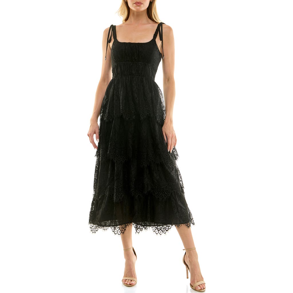 Socialite - Tie Strap Tiered Lace Midi Dress