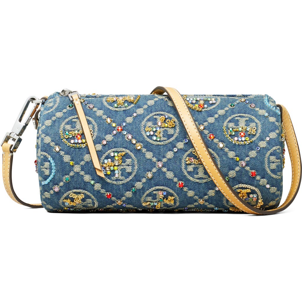 Tory Burch - T Monogram Embellished Denim Cylinder Shoulder Bag