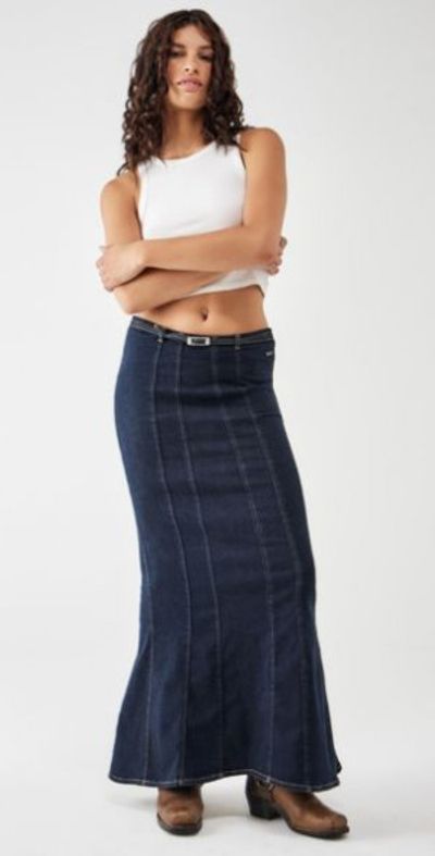 BDG - Cari Belted Denim Maxi Skirt in Dark Blue, Women's at Urban ...